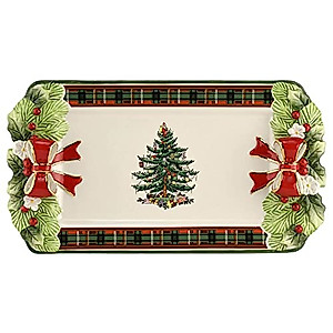 Spode Christmas Tree Figural Tartan Tray | Christmas Serving Tray with Tartan Border | Christmas Tray - Made of Fine Earthenware | Christmas Serving Trays for Serving Food | Dessert Tray - 12"
