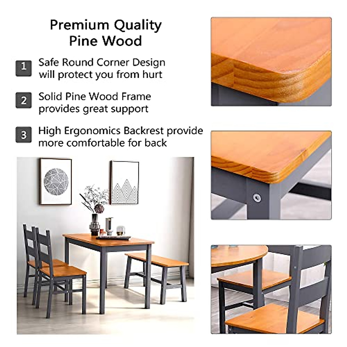 Alohappy Dining Table Set for 4, Solid Wood Kitchen Table with 2 Chairs and Bench, 4-Person Space-Saving Dinette Table for Kitchen, Dining Room, Sturdy Structure Easy Assembly