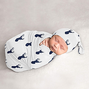 Sweet Jojo Designs Woodland Deer Baby Boy Cocoon and Beanie Hat 2pc Set Jersey Stretch Knit Sleeping Bag for Infant Newborn Nursery Sleep Wrap Sack - Navy Blue and White Forest Animal Stag Antler