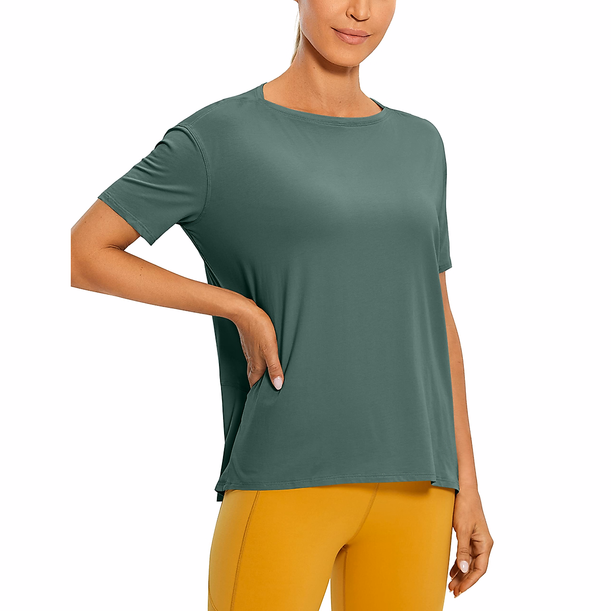 CRZ YOGA Women's Pima Cotton Short Sleeve Shirts Boat Neck Loose Fit Gym Workout T-Shirt Athletic Casual Tops Graphite Green X-Large