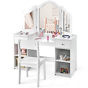 AKUSTIK Kids Vanity, 2 in 1 Wooden Princess Makeup Table and Chair for Toddlers with Tri-Folding Detachable Mirror, Storage Drawers for Little Girls, Pretend Beauty Dressing Desk Play Set Toy Gift