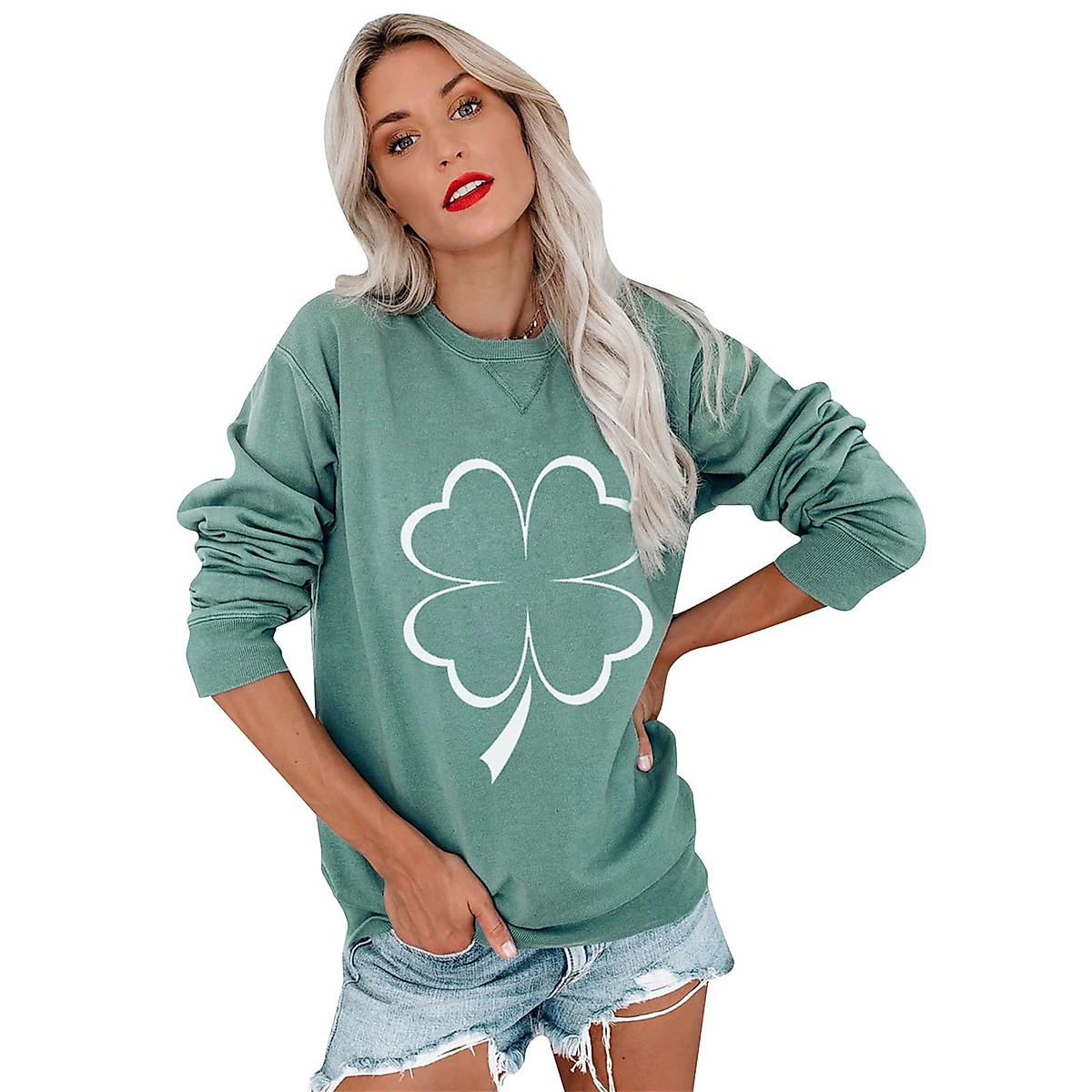 YMING Women's Long Sleeve Crew Neck Shirt Shamrock Printed Pullover Tops St. Patrick's Day Sweatshirt Green Shamrock 3XL