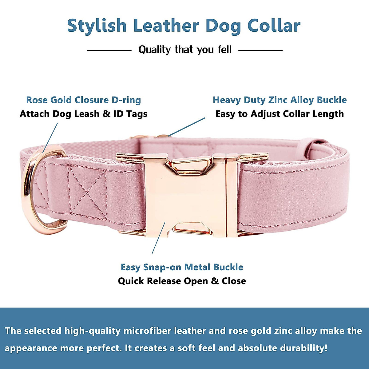 Soft Leather Dog Collar and Leash (6.6') Set - Stylish Rose Gold Heavy Duty Metal Buckle, 4 Adjustable Lengths Leash for Small Medium Large Dogs - Comfortable & Easy to Clean Pink M(13.8"-19.7")