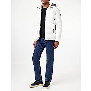 GUESS Men Mid-Weight Puffer Jacket with Removable Hood, White, Medium