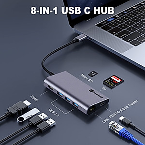 USB C Hub Ethernet Multiport Adapter, LasAnclas 8-in-1 USB C Docking Station 4K HDMI, 100W PD, 3 USB 3.0, 1Gbps LAN USB C Dongle, SD/TF Reader USB C Dock for MacBook Air/Pro,iPad Pro 2021