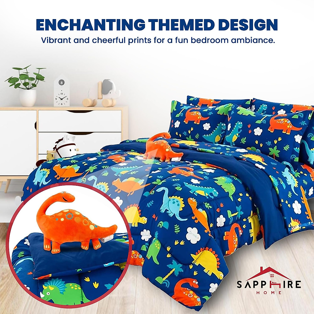 Sapphire Home 6 Piece Dinosaur Twin Bedding Set for Boys, Bed in a Bag, Kids Comforter Set with Bed Sheets, Pillow Case, Toy Pillow, Toddler Bedroom Kit, Dinosaur Room Decor for Boys, Twin Size