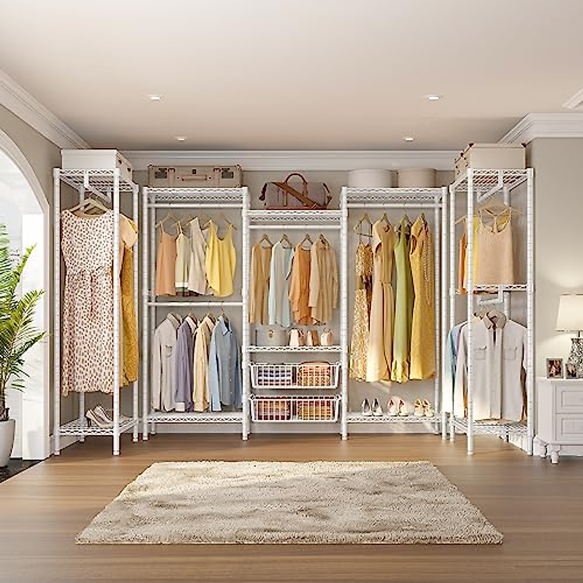 VIPEK V10i Garment Rack Heavy Duty Clothes Rack, Freestanding Closet Rack for Hanging Clothes Large Wardrobe Metal Clothing Rack with 2 Slid Storage Baskets, 68.2" L x 15.7" W x 70.5" H, White