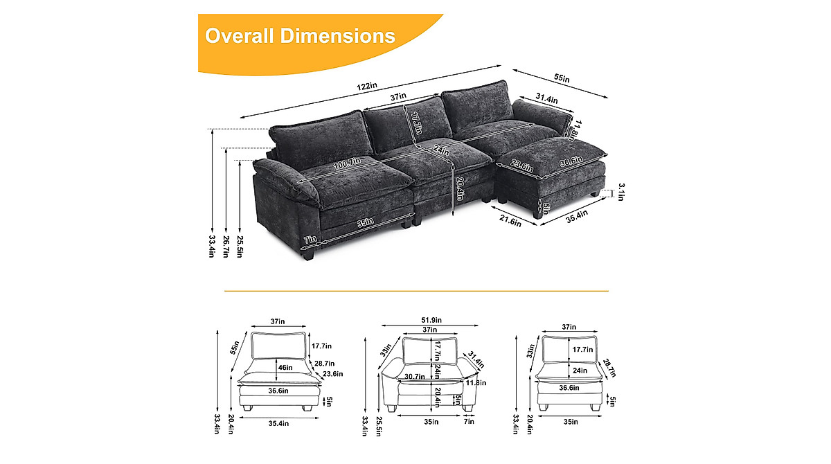 Karl Home Modular Sectional Sofa - Comfortable 3-Seat Couch in Black