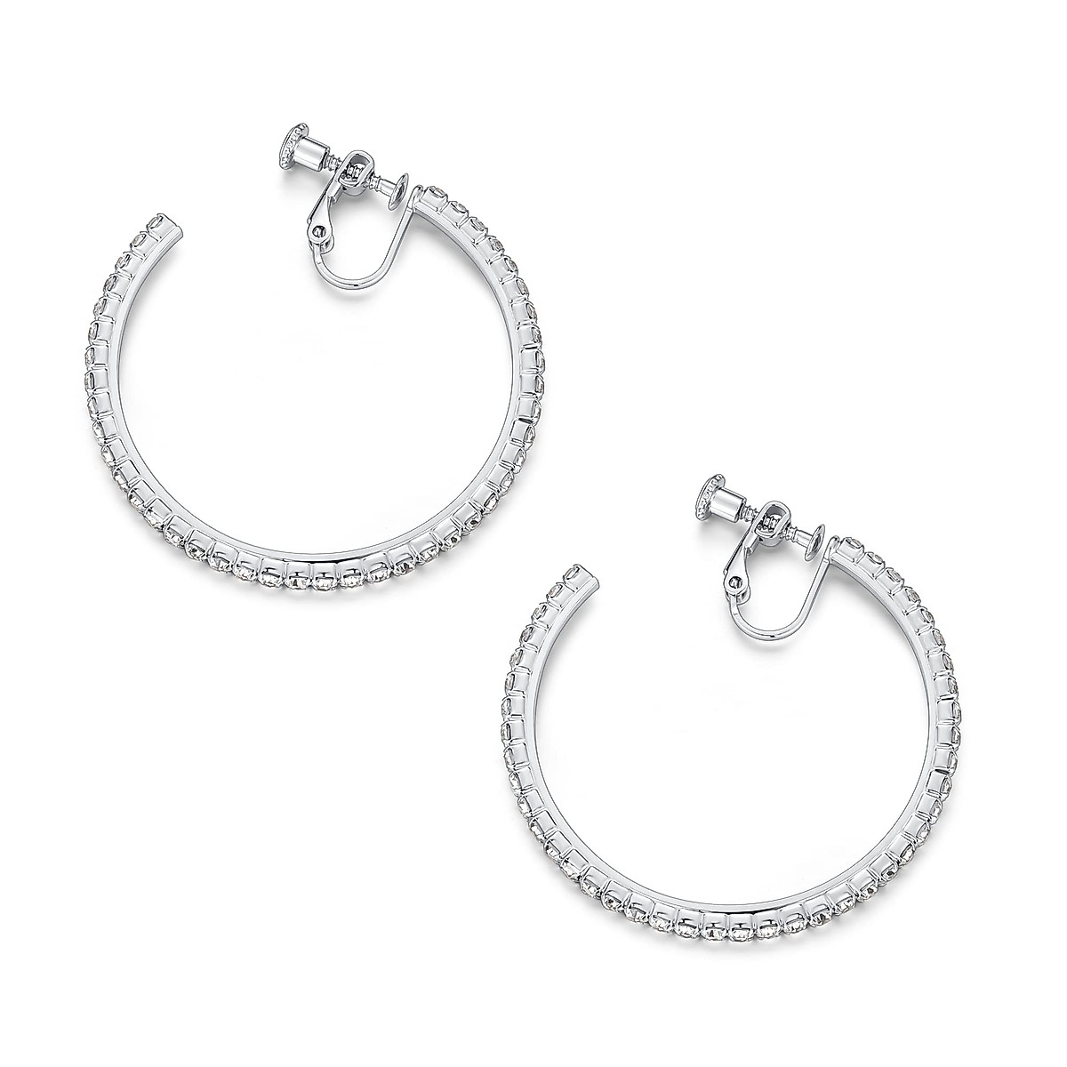 LAXPICOL Fashion Sparkly Austrian Circle Hoop Earrings Clip On Earrings For Women No Piercing Earrrings Silver Tone 1.6"*1.6"