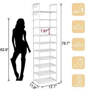 ROJASOP 10 Tiers Metal Shoe Rack Organizer Tall Shoe Racks for Closets Entryway Corner Shoe Rack Shoe and Boots Organizer Storage Narrow Shoe Rack for Closet Entryway Sturdy Shoe Shelf Shoe Stand