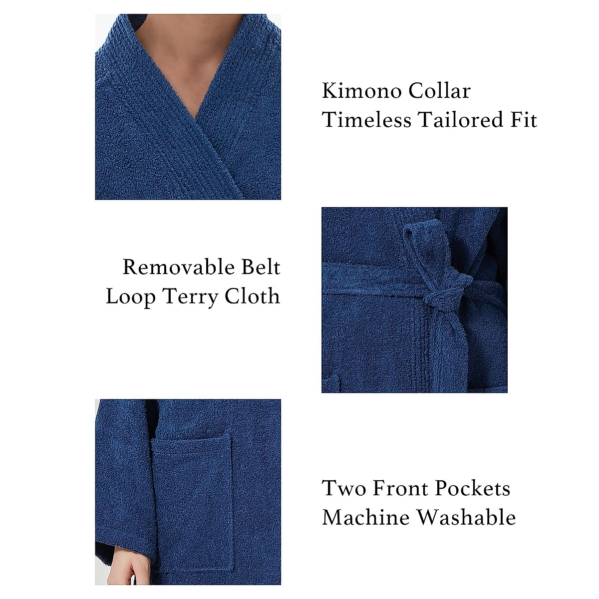 Ghui Terry Bathrobe Men,100% Cotton Terry Cloth Robes with Kimono Collar ,Thick Plush Towel Robe, Navy, XX-Large-3X-Large