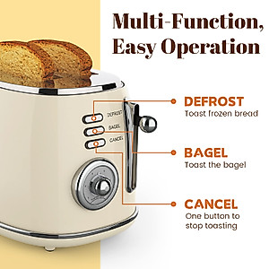 CORCHEVEL Retro 2 Slice Stainless Steel Toaster with Removable Crumb Tray, 6 Bread Shade Settings, Bagel, Defrost and Cancel Options (White)