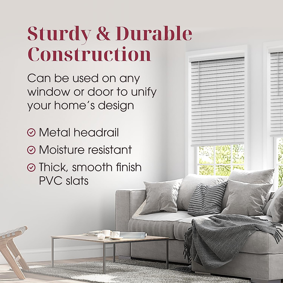 ARLO BLINDS Faux Wood Blinds with Crown Valance - 34.25" W x 60" H, White Cordless 2 Inch Horizontal Blinds - for Bedroom, Bathroom, Living Room, Glass Door Interior Windows