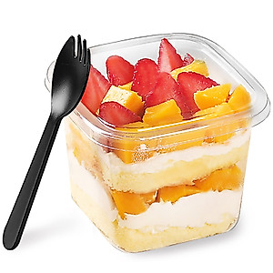 Qyyiguf 50 Pcs 12Oz Plastic Dessert Cups with Lids and Spoons,Square Parfait Cups,Disposable Cake Container for Cupcake,Pudding,Snacks,Fruits,Mousse,Ice Cream