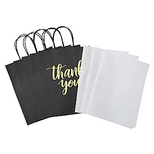 DjinnGlory 50 Pack Medium Black Thank You Paper Bags with Handles and 24 Sheet White Tissue Paper for Small Business, Shopping, Wedding, Baby Shower, Party Favors (Medium 10''x8''x4'', Black)