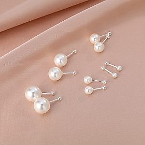 Shell Pearl Small Stud Earrings for Women 925 Sterling Silver Helix Screw Black Mini 20G Cartilage Tragus Round Ball Pearls Barbell Piercing Sleeper Jewelry Minimalist Fashion Gifts Birthday Hypoallergenic (4mm)