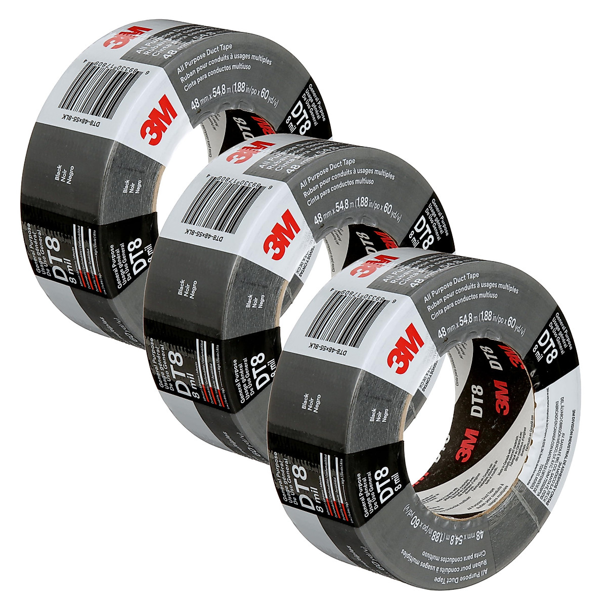 3M Duct Tape DT8, 3 Pack, Industrial Strength, Multi-Use, Black, 1.88" x 60 yd, Professional Grade Adhesive
