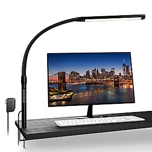 LED Desk Lamp with Clamp, 12W Gooseneck Task Light with 24V Adapter, 5 Brightness Levels & 5 CCT Adjustable Clip Table Lamp, Timer & Memory Functions, Eye-Caring Clamp-on Desk Lamps for Home Office