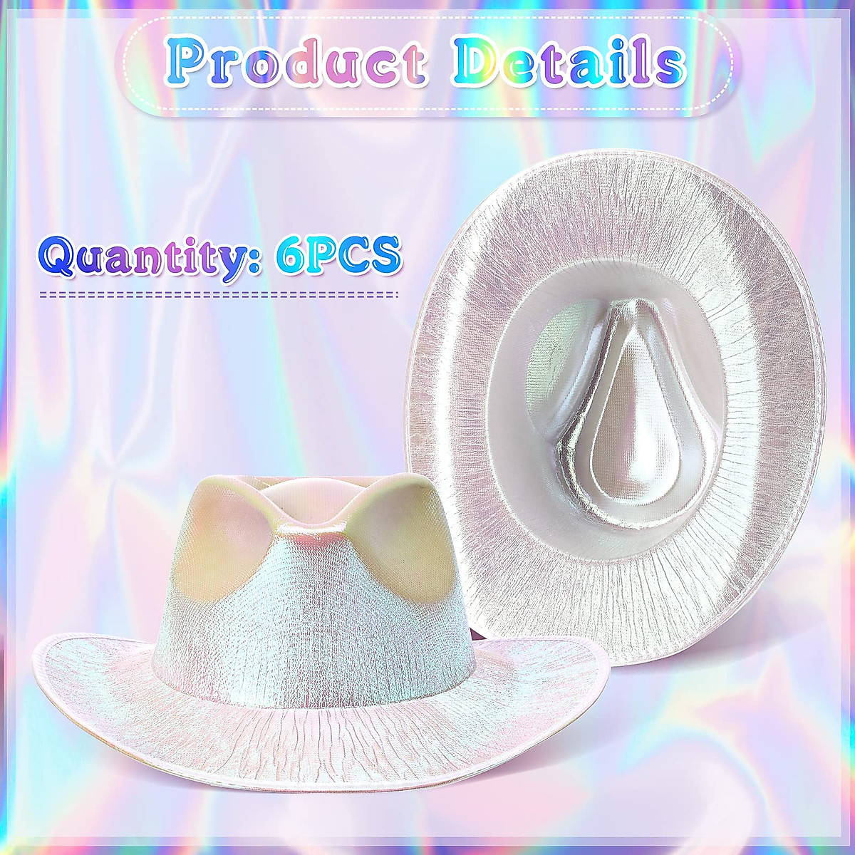 6 Pieces Glitter Cowgirl Hats Women Bride Hat Holographic Cowboy Hat Space Hats for Wedding Birthday Bachelorette Parties Favors (Beige and Pink)