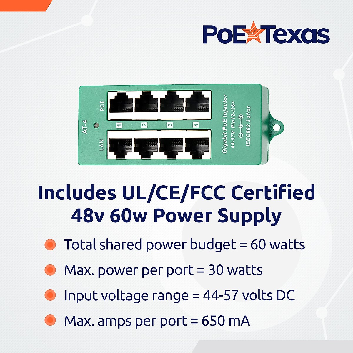PoE Texas 4 Port PoE/PoE+ Injector with 48V 60W Power Supply - Gigabit Injector - Active Mode A Power Over Ethernet Multi Port PoE Adapter - Supports 4 PoE (802.3af or at) up to 60 watts