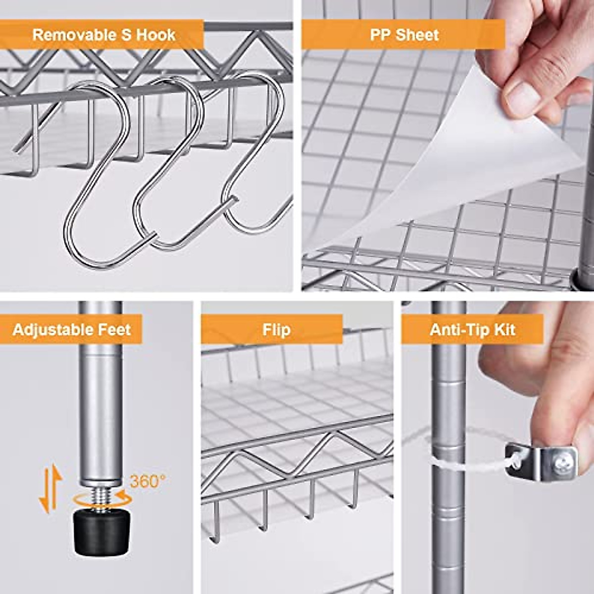 Guangfoshun Storage Shelves, 5-Tier Wire Shelving Unit with Baskets Storage Rack Corner Shelf Shelving Adjustable Storage Shelf, 11.8" D x 15.7" W x 62.99" H,Silver