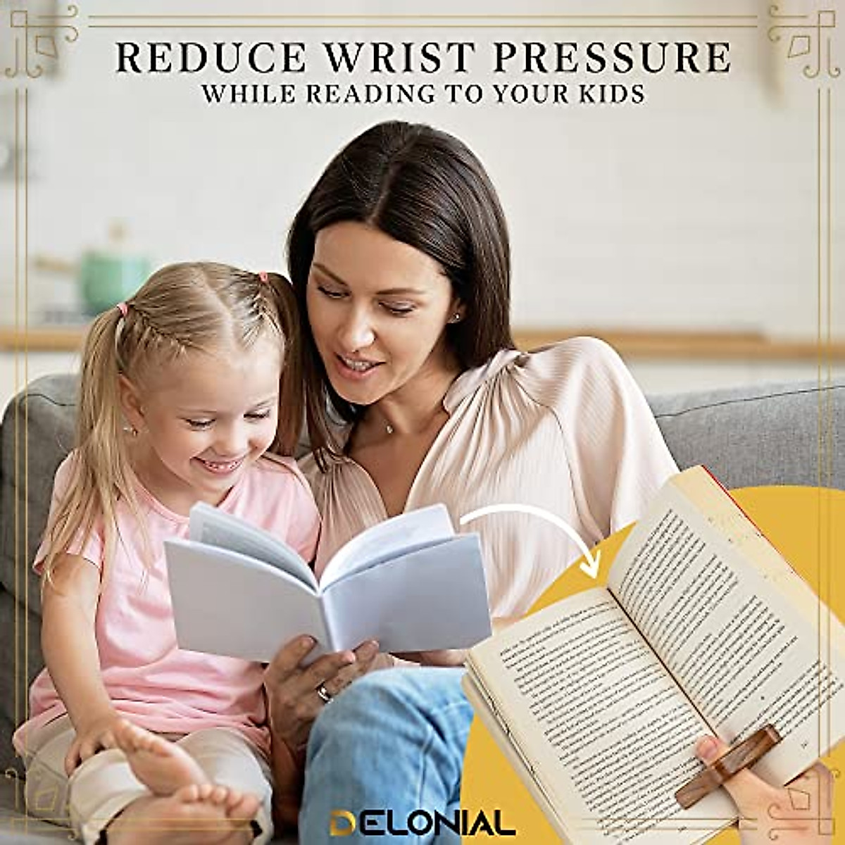 DELONIAL Book Page Holder with 5 Adjustable Rings, Handmade Natural Walnut Thumb Bookmark for Keep Book Open