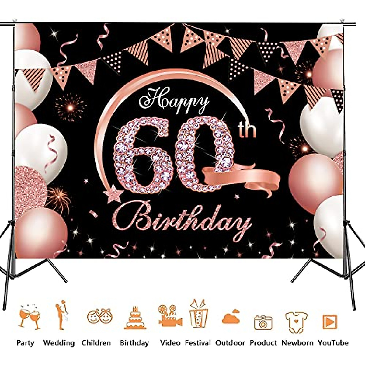 5x3ft Happy 60th Birthday Banner Backdrop Rose Gold 60th Birthday Decorations for Women 60 Birthday Sign Party Supplies Sixty Year Old Birthday Theme Poster Decor Photography Background