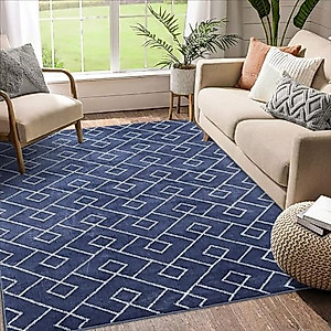 COZYLOOM 8x10 Modern Geometric Shag Rugs for Living Room Ultra Plush Diamonds Textured Area Rug Thick Fluffy Throw Carpet Boho Indoor Non-Slip Area Rug for Bedroom Home Office Floor Decor Navy