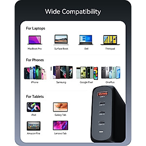 130W USB C Charging Station: USBC Wall Fast Charger - MacBook Pro Charger USB C Travel Charger with AC Cable 4 - Ports Compatible with iPhone 14 13 12 iPad MacBook Samsung Pixel Leveno HP Dell