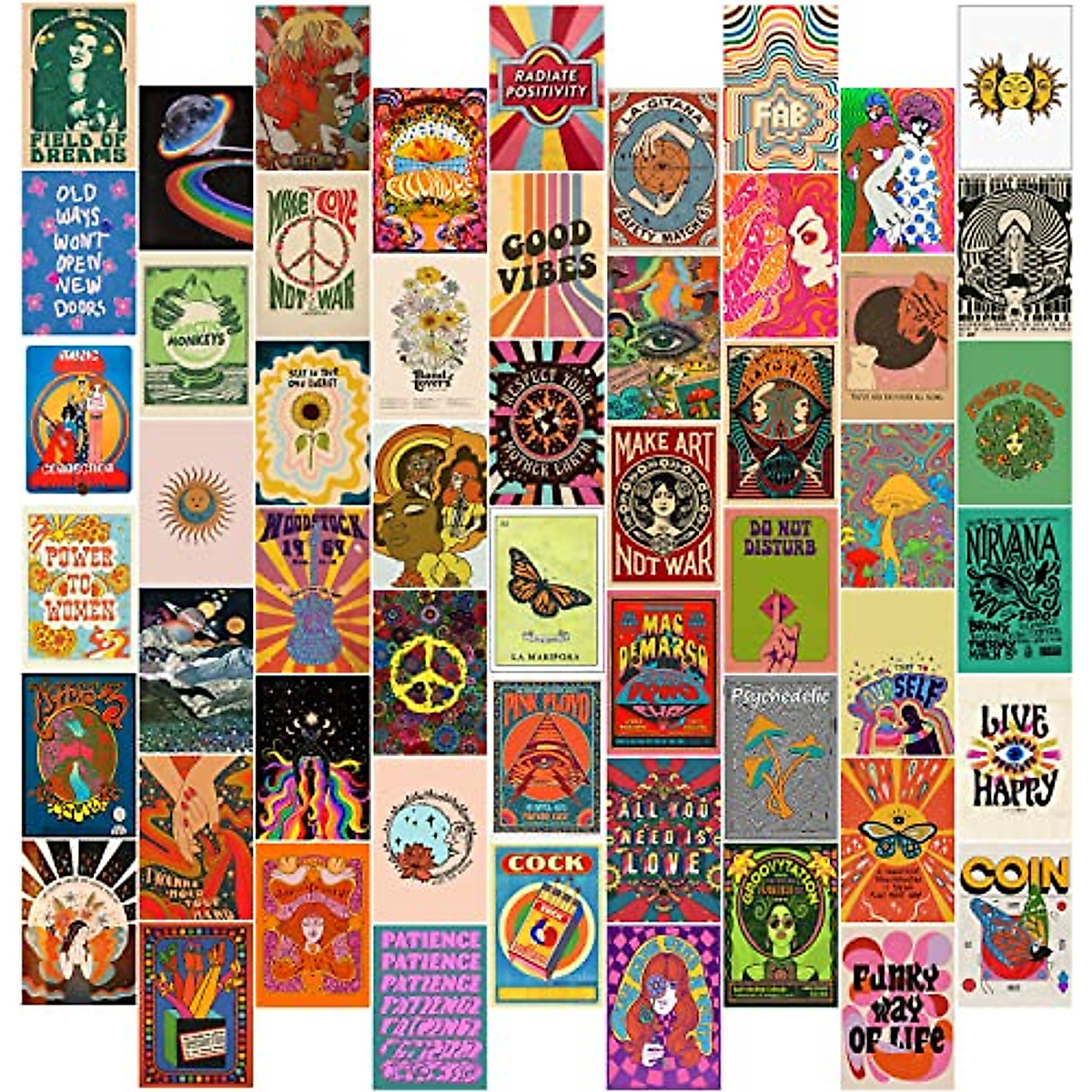 Vintage Hippie Room Decor Kit - 54 Retro Wall Posters for Aesthetic Spaces
