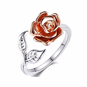 Womens Rose Flower Ring Leaf Adjustable Wrap Open Rings, Color Rose Gold/Silver