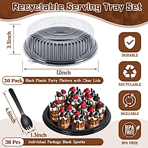 36 Set 12 Inch Catering Trays with Lids and Sporks Heavy Duty Serving Tray with Lid Plastic Food Serving Platters Plastic Cake Container Elegant Round Banquet for Catering, Party, Takeout Food, Picnic