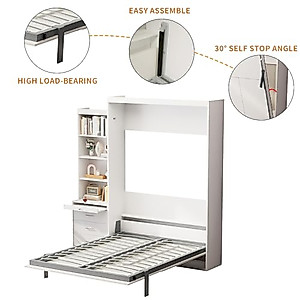 WOXYX Full Size Murphy Bed with Shelf and Drawers, Mordern Design Multifunctional Foldable Platform Bedframe Gas Struts,White