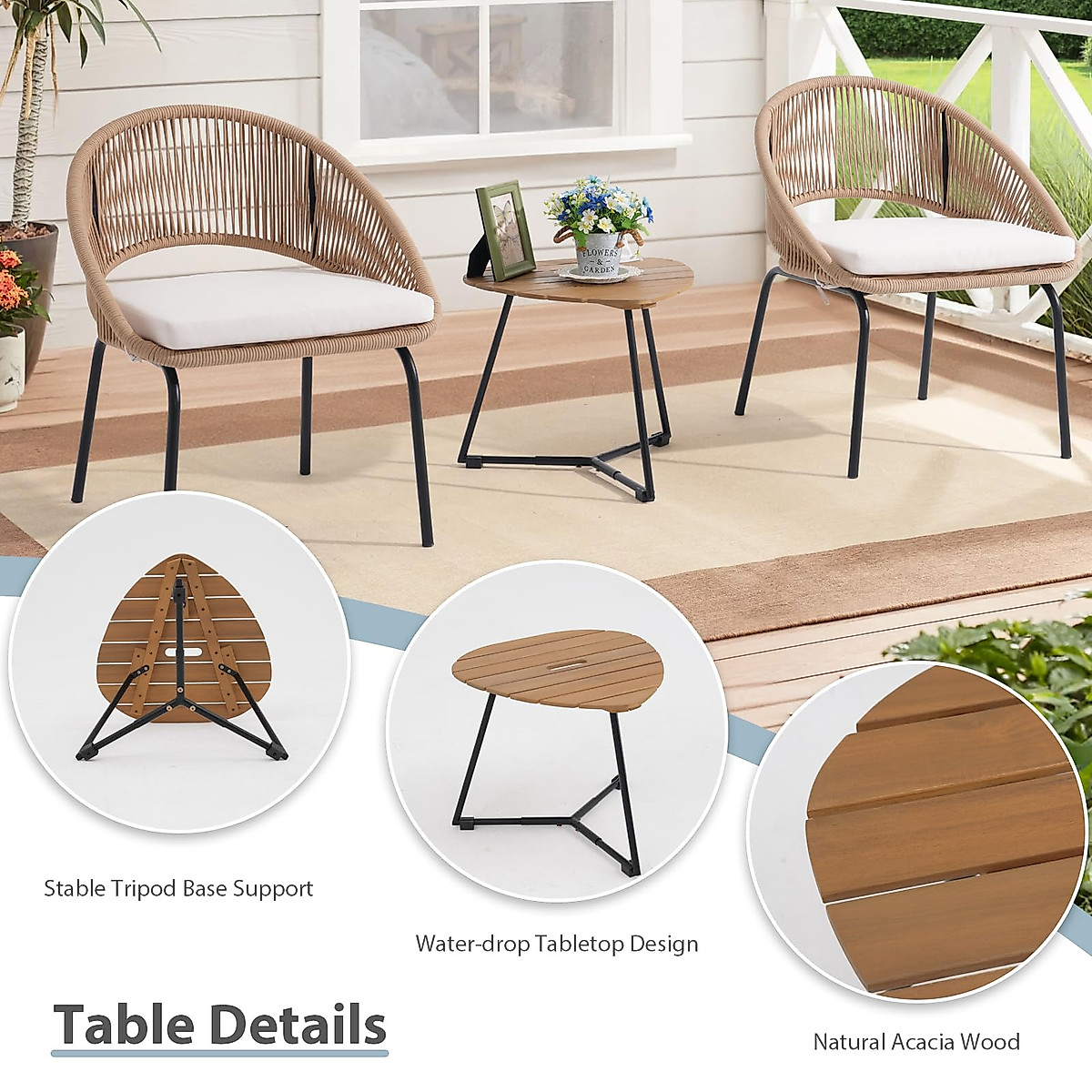 Yangming Patio Furniture Set, 3 Piece Outdoor Bistro Chair Conversation Sets Woven Rope with Wood Coffee Table for Yard Backyard Lawn Garden Porch Backyard Deck Poolside Balcony