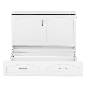 Jintop Full Size Murphy Bed,Cabinet Hideaway Bed with Drawer and a Set of Sockets & USB Ports,Wood Wall Bed can be Folded w/Pulley Structure Design,Easy Assembly,for Kids Bedroom,Student Dorms,White