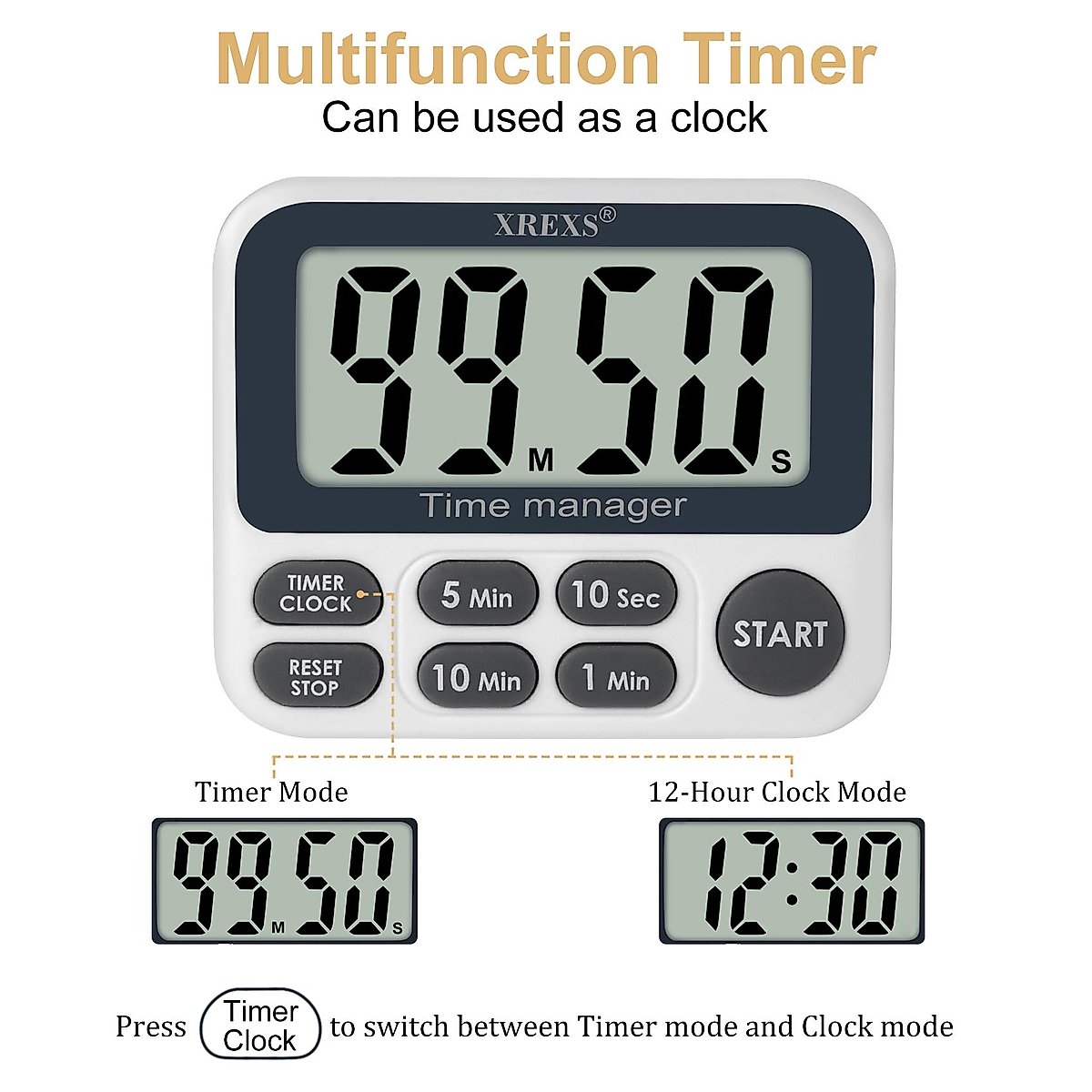 XREXS Digital Kitchen Timer, Magnetic Countdown Up Cooking Timer Clock with Large LCD Display, Adjustable Volume, Loud Alarm & Strong Magnet Classroom Timer for Teachers (Batteries Included)