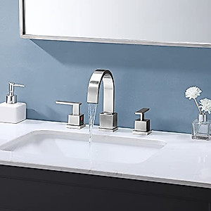 KINGO HOME Brushed Nickel 3 Hole Deck Mount Waterfall Bathroom Faucet, 8 inch 2 Handle, Drip-Free Ceramic Disc Valve, Easy Installation