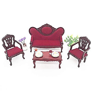 EatingBiting 1:12 Miniature Living Room Furniture Vintage Red Wooden Sofa Armchair Couch Table 3pcs Set Sofa + 2 Chairs