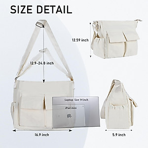 Canvas Messenger Bag Crossbody Shoulder Bag for Men and Women Vintage Tote Laptop Bag Large Hobo Bag with Multiple Pockets (Off-White)