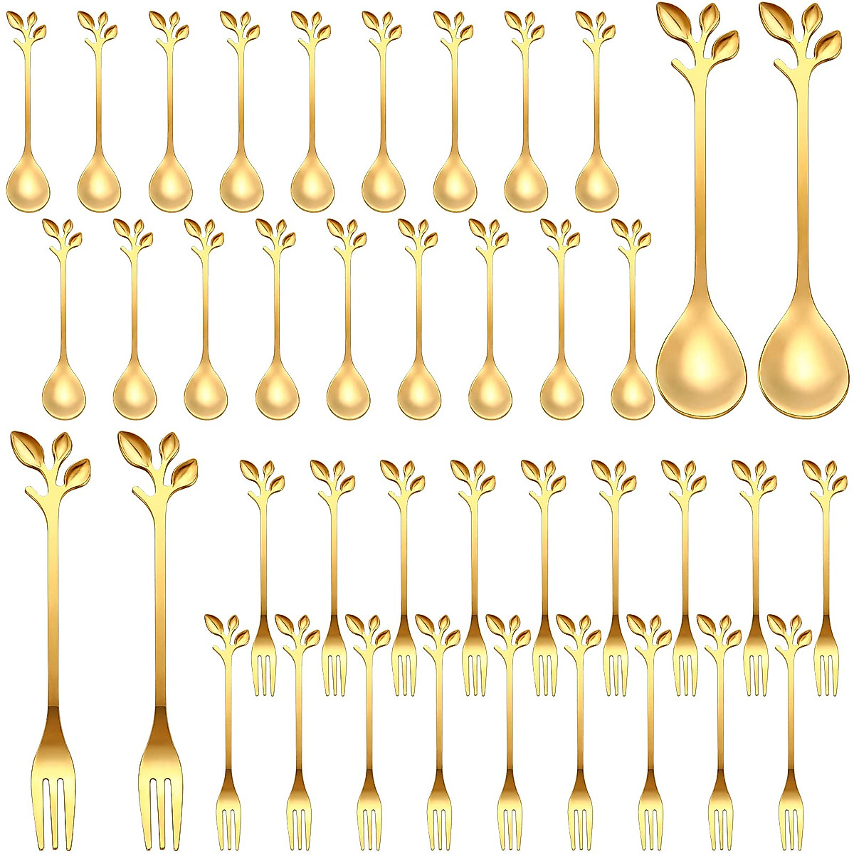Stainless Steel Leaf Coffee Spoon and Appetizer Fork Tableware Dessert Spoon Mini Dessert Utensils Set Creative Demitasse Spoons and Forks for Stirring, Fruit, Cake, Coffee, Tea (Gold, 40 Pieces)