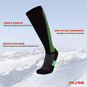 Pure Athlete Wool Compression Ski Socks - Ultra Compression Thermal Boot Socks for Skiing Hiking Hunting Cold Weather (Black/Neon Yellow, X-Large)