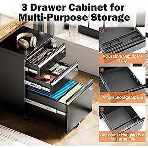 3 Drawer File Cabinet - Locking Filing Cabinet, Rolling Small Metal File Cabinets with Wheels, Under Desk storage for A4, Letter, Legal Pre-Assembled Home Office Mobile File Cabinet - Black