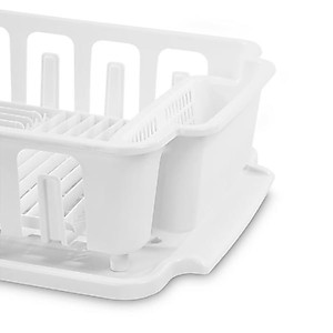 JOEY'Z Extra Large Heavy Duty Sturdy Hard Plastic Sink Set with Dish Rack with Attached Drainboard Cup Holders for Home Kitchen Counter Top Organizer - White (18 3/4" L x 13 3/4" W x 5 1/2")
