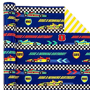 WRAPAHOLIC Reversible Wrapping Paper - Mini Roll - 17 Inch X 33 Feet - Racing Cars and Yellow Stripes Design Design for Birthday, Holiday, Baby Shower
