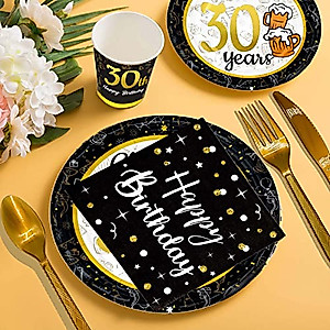 30th birthday decorations for him her - (Total 169pcs) black gold Birthday supplies Plates and Napkins, Cups, Knives, Forks, Spoons Included, tablecloth, Disposable Tableware for 24 Guests