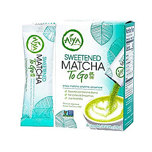 Aiya Japanese Sweetened Matcha To Go Sticks - Ceremonial Grade Matcha Powder - Vegan-Friendly, Gluten-Free - 96g (3.39 oz), Pack of 8