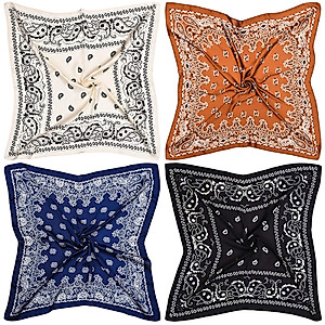 Syhood 4 Pcs 27'' Square Satin Head Scarves Satin Bandanas for Women Satin Headband Scarves Silk Feeling Scarf Boho Headwear(Navy Blue, Coffee, Black Beige)