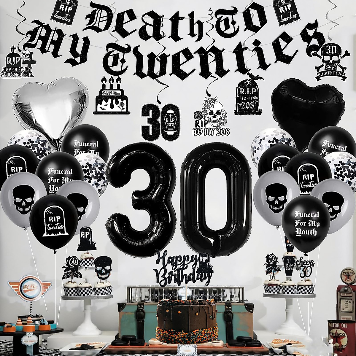 Black 30th Birthday Decorations for Women or Men, Death to My 20s Decorations, Death to My Twenties Banner Number 30 Balloons Rip to My 20s Sash Cake Toppers for Rip 20s Birthday Decorations