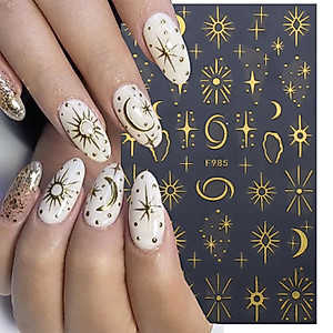 8 Sheets Gold Nail Sticker 3D Self-Adhesive Nail Decals Art Unique Moon Sun Stars White Cloud Snake Design Nail Art Sticker Decoration for Women Manicure Tips Acrylic Nails DIY Nails Art Supplies