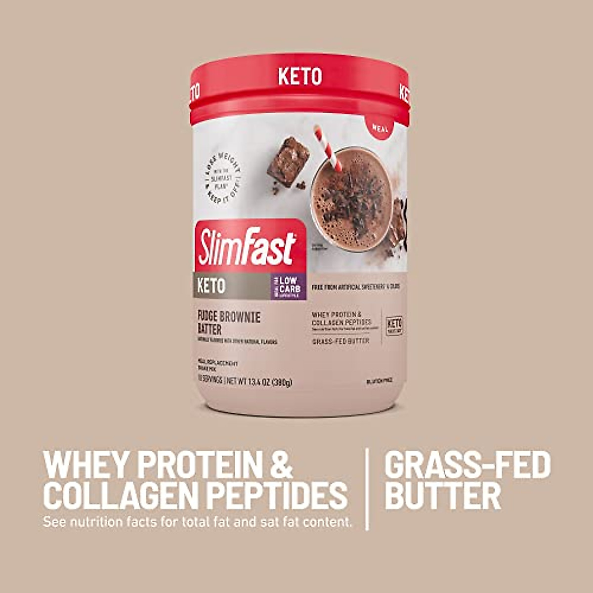 SlimFast Keto Meal Replacement Powder, Fudge Brownie Batter, Low Carb with Whey & Collagen Protein, 10 Servings (Pack of 2) (Packaging May Vary)